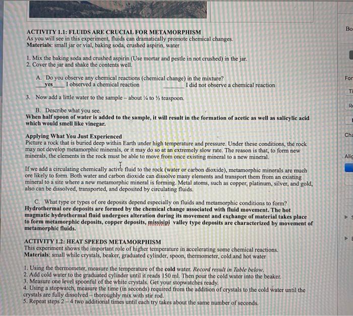 METAMORPHIC ROCKS LAB Metamorphism changes in the | Chegg.com
