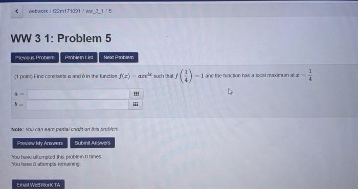 Solved (1 point) Find constants a and b in the function | Chegg.com