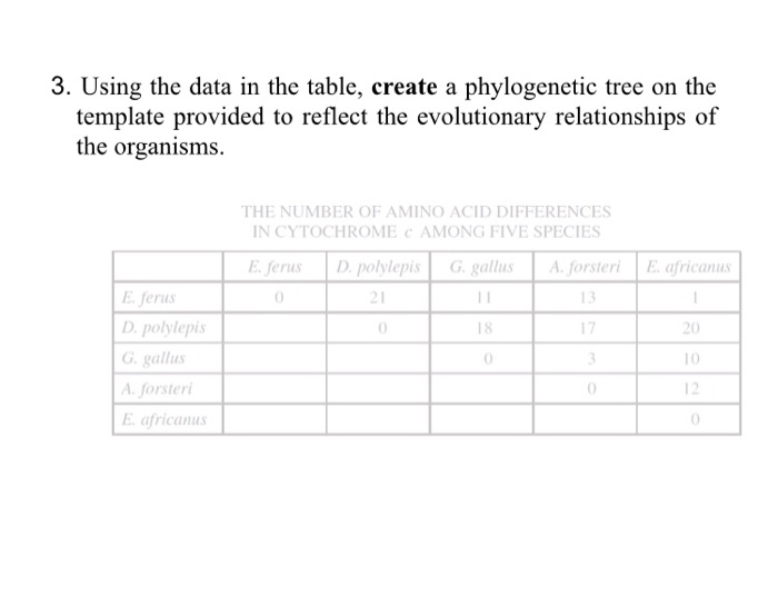 Solved 3. Using the data in the table, create a phylogenetic | Chegg.com