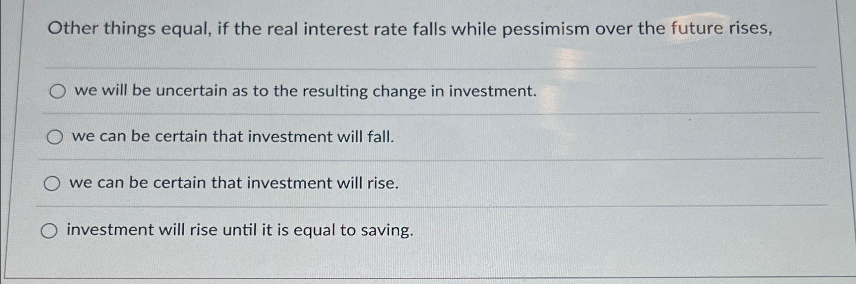 Solved Other things equal, if the real interest rate falls | Chegg.com