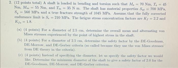 Solved 2. (12 points total) A shaft is loaded in bending and | Chegg.com