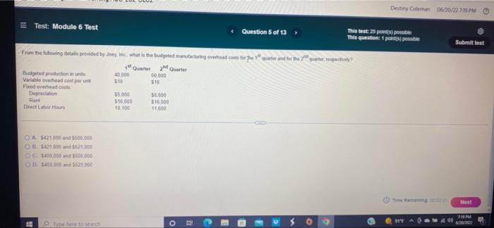 Solved Test: Module 6 Test From the following details | Chegg.com