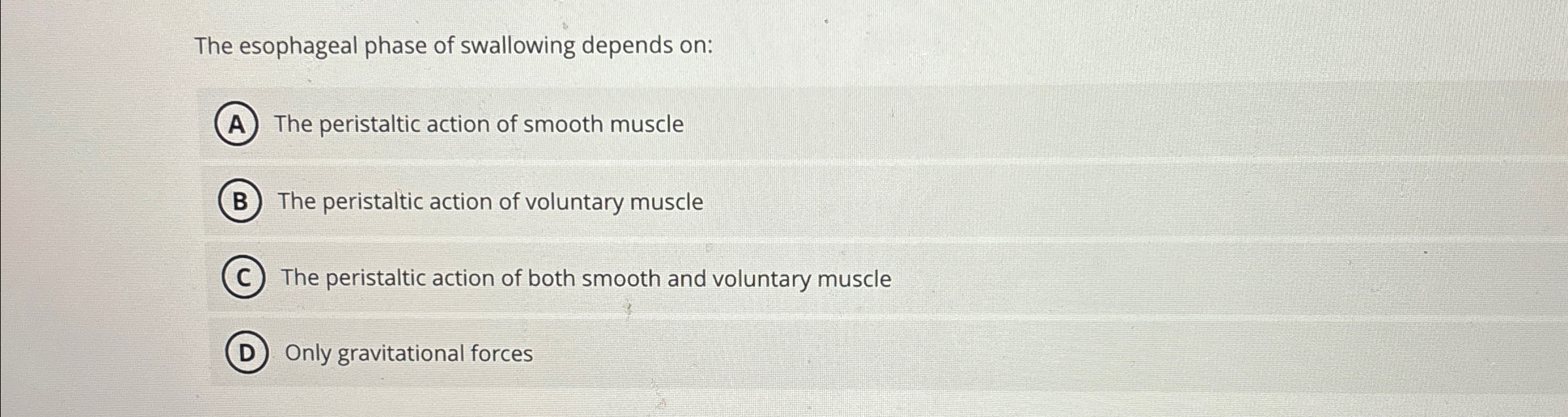 Solved The esophageal phase of swallowing depends on:The | Chegg.com Solved The esophageal phase of swallowing depends on:The | Chegg.com
