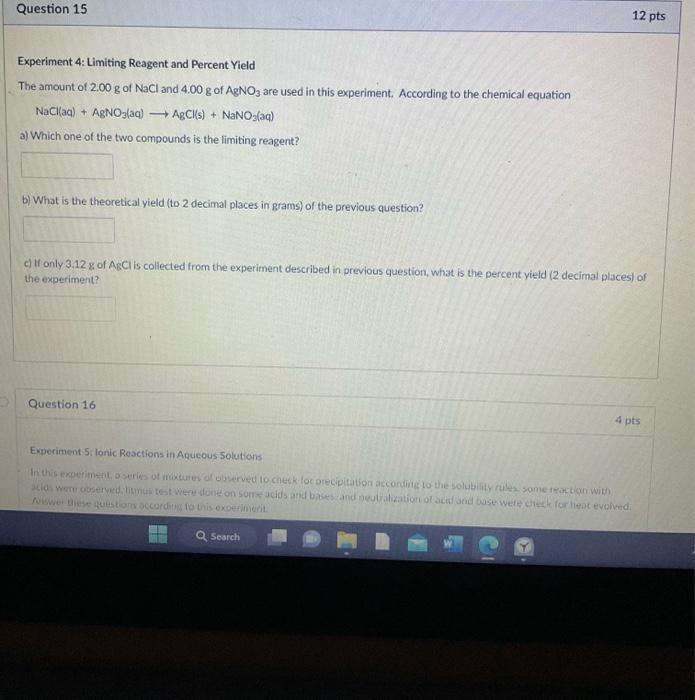 Solved Experiment 4: Limiting Reagent and Percent Yield The | Chegg.com