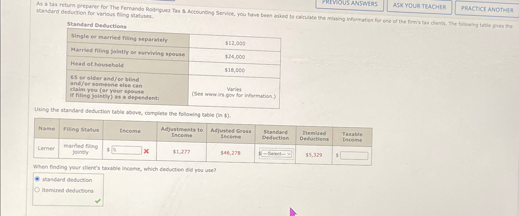 Solved Standard Deductions\table[[Single or married filing | Chegg.com