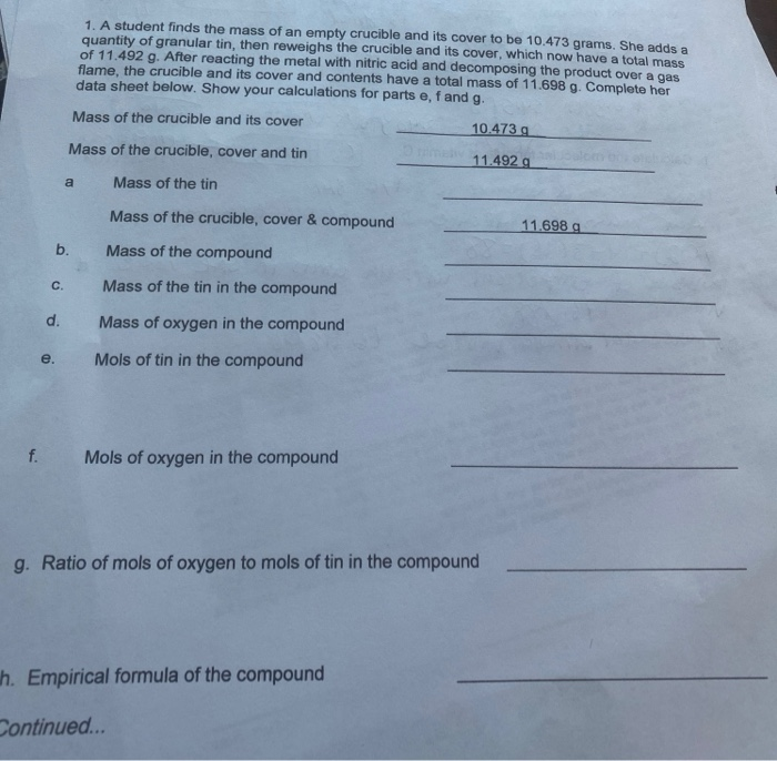 1. A student finds the mass of an empty crucible and | Chegg.com