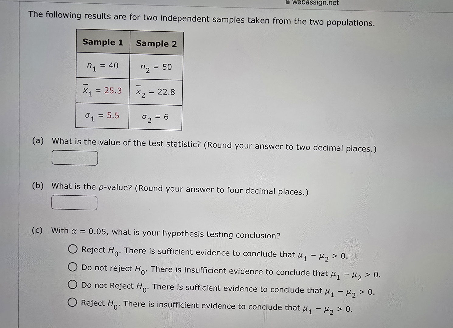 Solved The following results are for two independent samples | Chegg.com