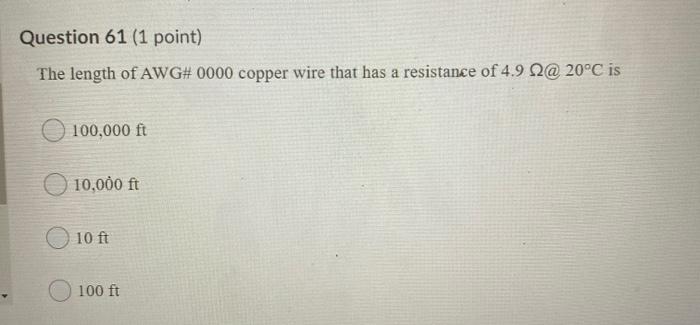 Solved Question 61 (1 point) The length of AWG# 0000 copper | Chegg.com