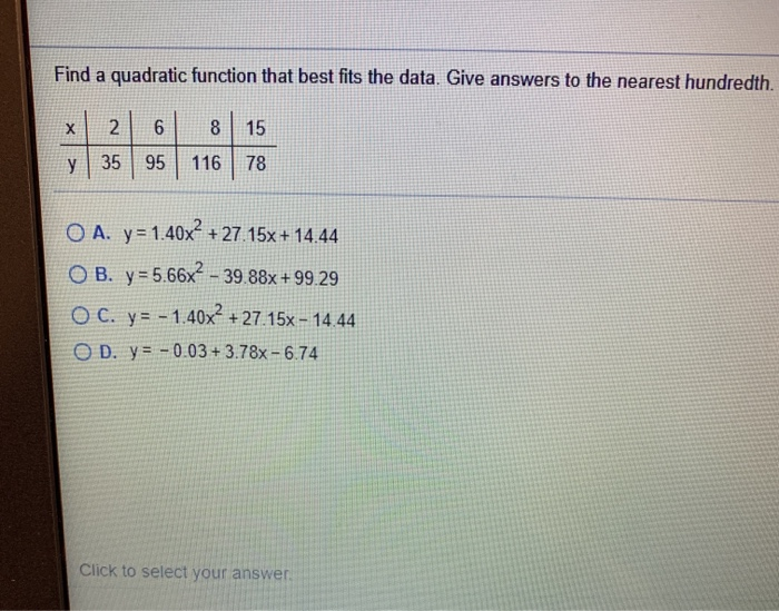 Solved Find a quadratic function that best fits the data. | Chegg.com