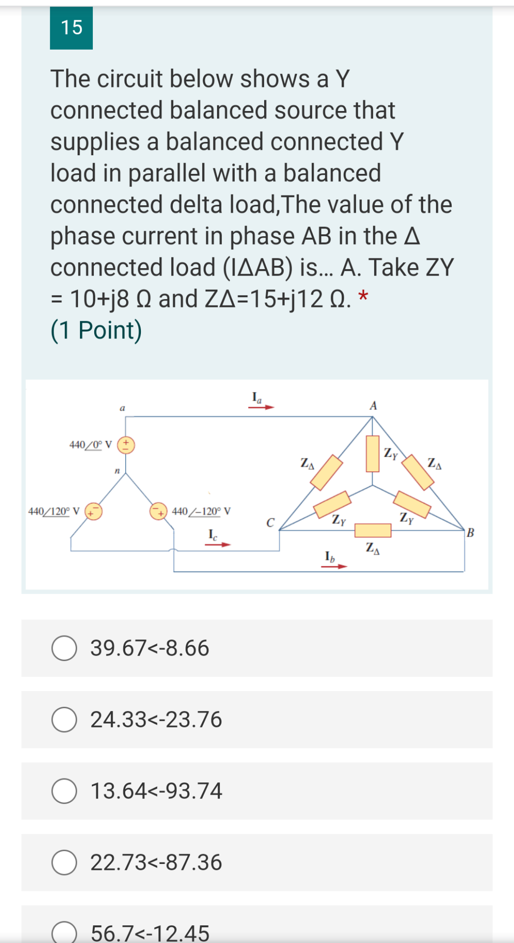 Solved 15 The circuit below shows a Y connected balanced | Chegg.com