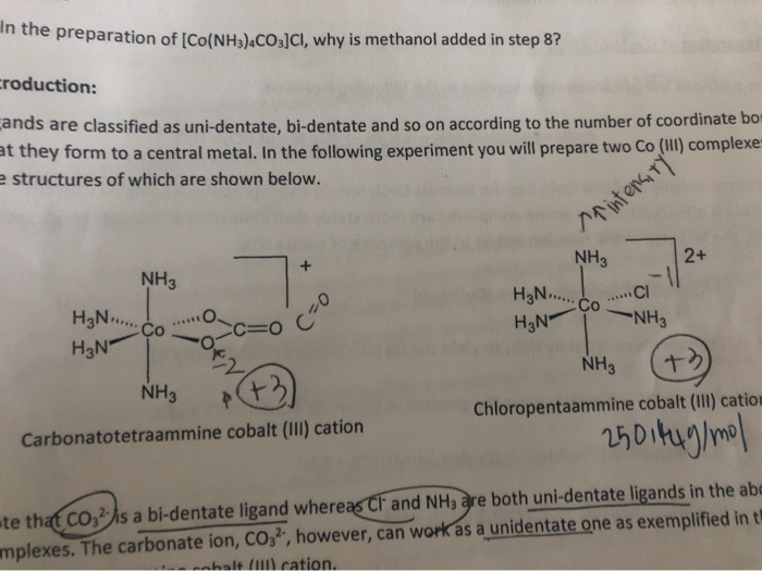e preparation of Co(NH3),CO3]CI, why is methanol | Chegg.com