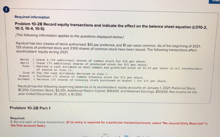 Solved Required information Problem 10-2B Record equity | Chegg.com