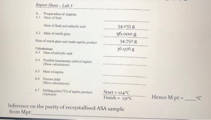 Solved Report Sheet - Labs A Preparation of Aspirin Al Mass | Chegg.com