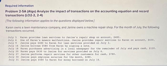 Solved Required information Problem 2-5A (Algo) Analyze the | Chegg.com