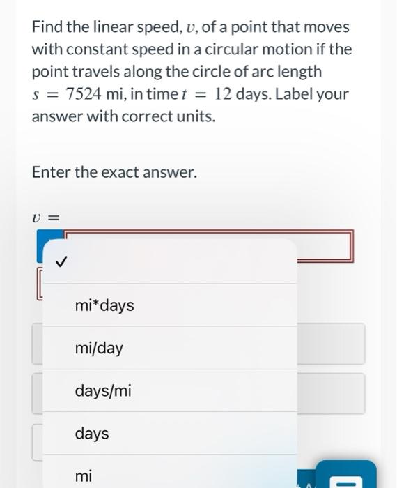 Solved Find the linear speed, v, of a point that moves with | Chegg.com
