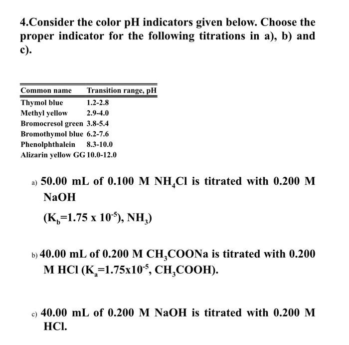 4. Consider the color pH indicators given below. | Chegg.com