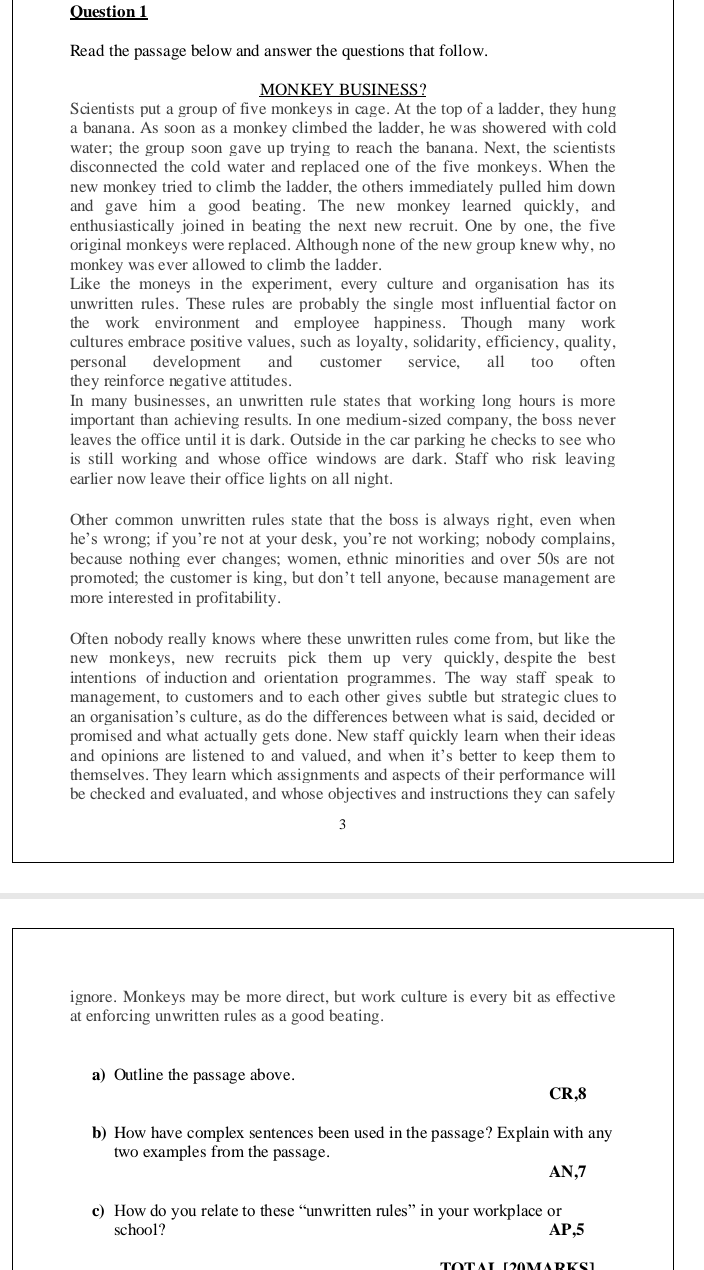 Solved Question 1 Read the passage below and answer the | Chegg.com