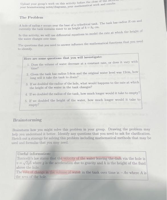 Solved Upload your group's work on this activity befoce the | Chegg.com