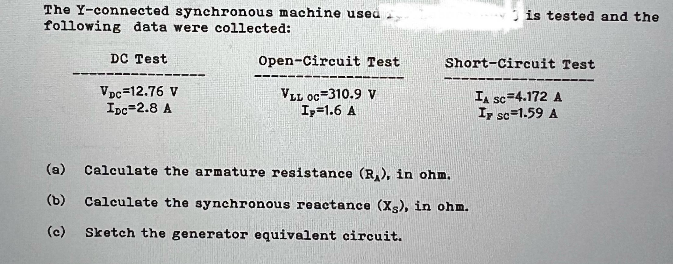 Solved The Y-connected synchronous machine used. is tested | Chegg.com