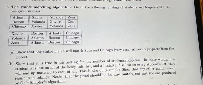 Solved 7. The stable matching algorithm: Given the following | Chegg.com