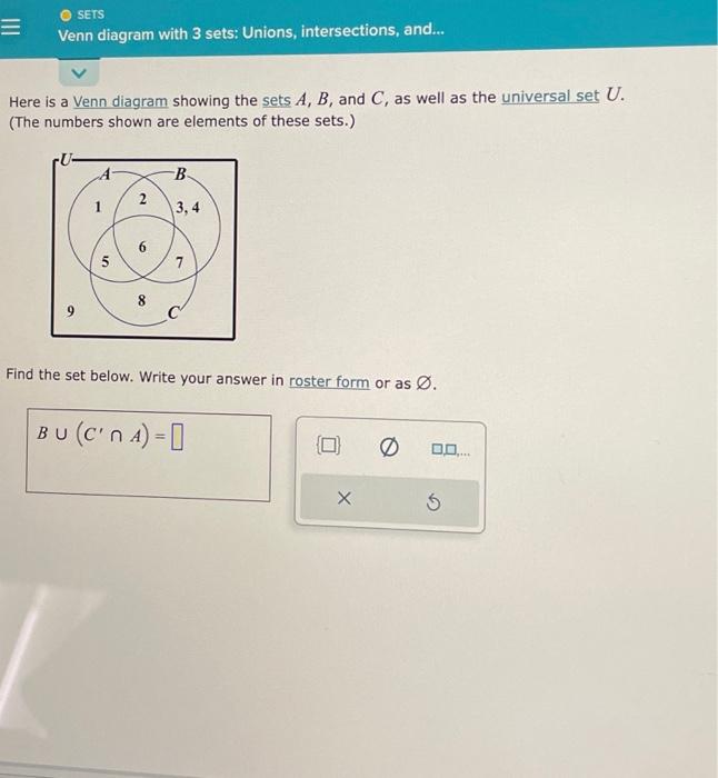 Solved Here is a Venn diagram showing the sets A,B, and C, | Chegg.com