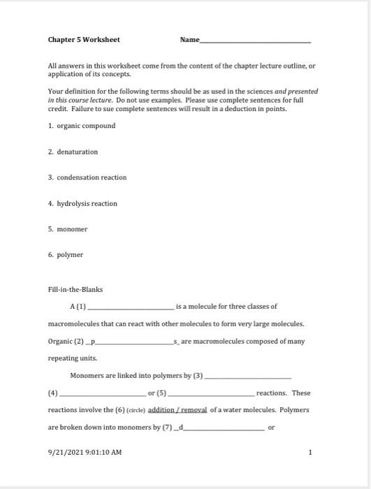 Solved Chapter 5 Worksheet Name All answers in this | Chegg.com