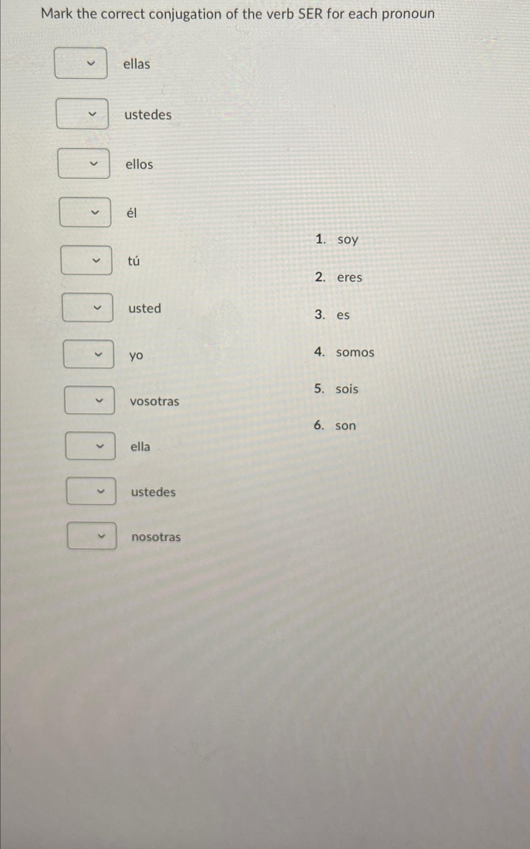 Solved Mark the correct conjugation of the verb SER for each | Chegg.com