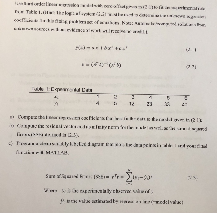 Use third order linear regression model with zero | Chegg.com