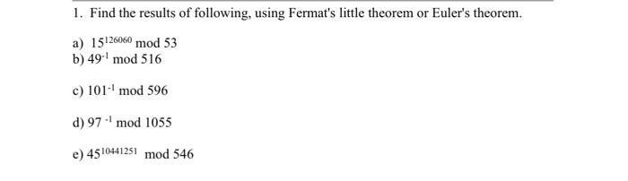 Solved 1. Find the results of following, using Fermat's | Chegg.com