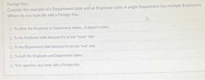 Solved Foreign Key Consider the example of a Department | Chegg.com