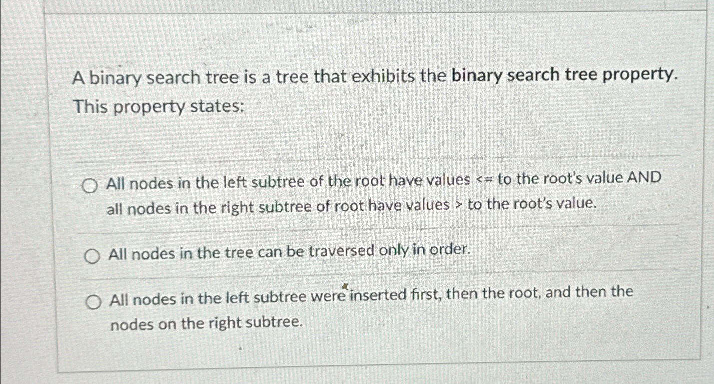 Solved A binary search tree is a tree that exhibits the | Chegg.com