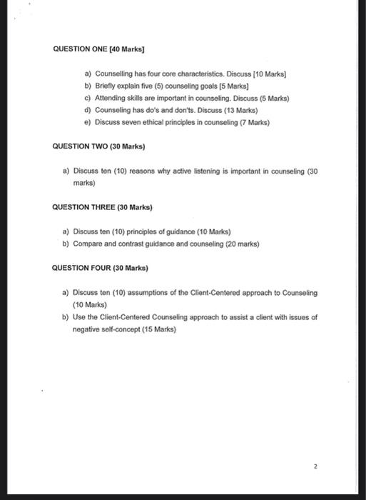 Solved QUESTION ONE [40 Marks] a) Counselling has four core | Chegg.com