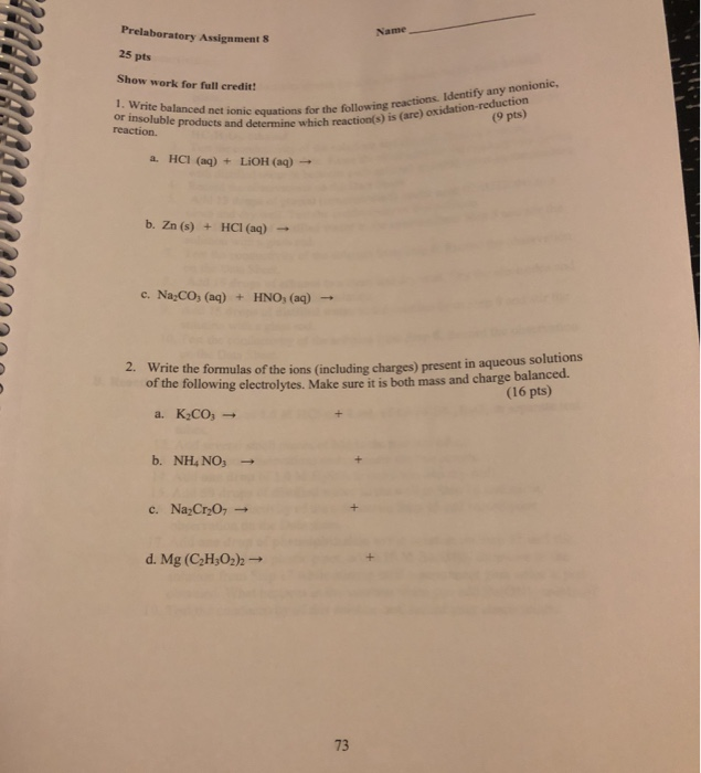 Solved Prelaboratory Assignments Name 25 pts Show work for | Chegg.com