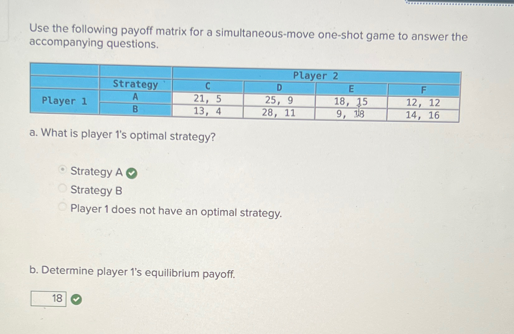 Solved Use the following payoff matrix for a | Chegg.com
