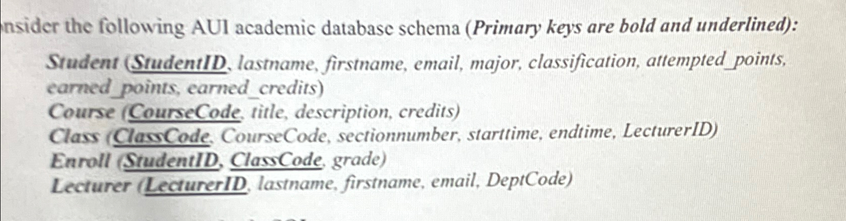 Solved insider the following AUI academic database schema | Chegg.com