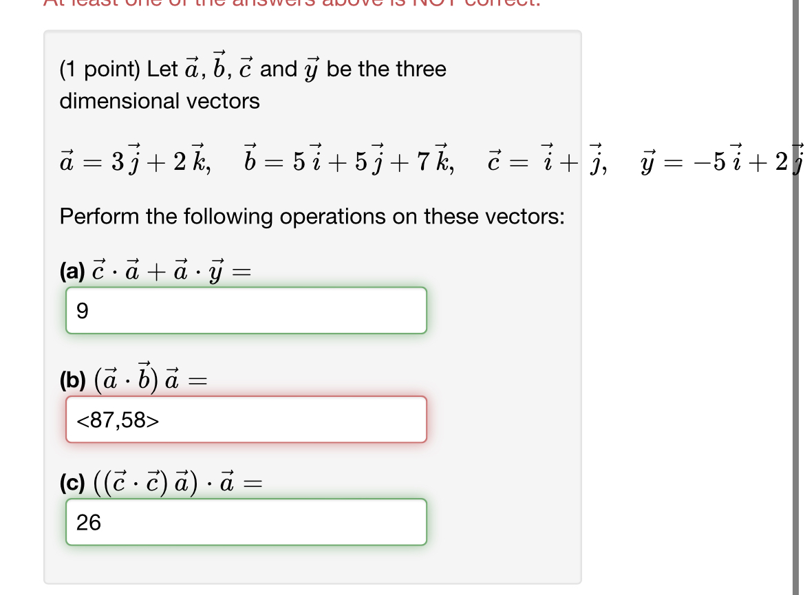 Solved (1 ﻿point) ﻿Let vec(a),vec(b),vec(c) ﻿and vec(y) ﻿be | Chegg.com
