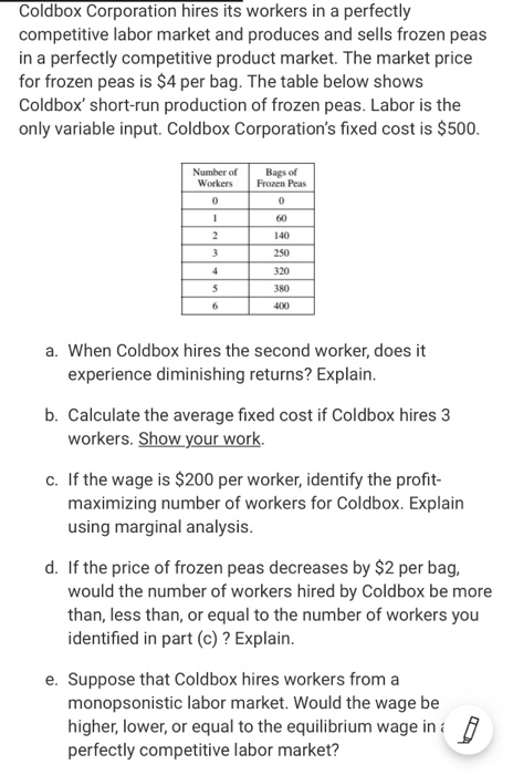 Solved Number of Workers Bags of Frozen Peas 60 دا انها | | Chegg.com