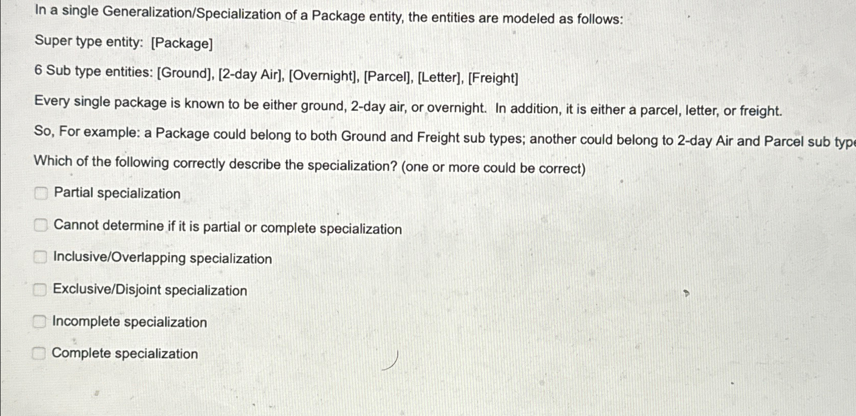 Solved In a single Generalization/Specialization of a | Chegg.com