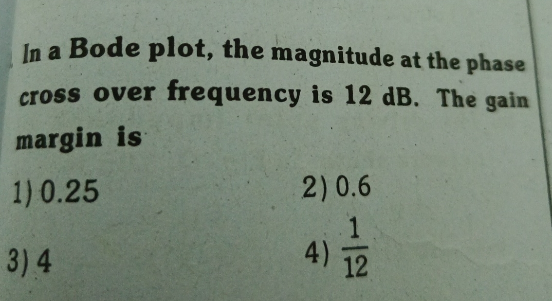 Solved In a Bode plot, the magnitude at the phase cross over | Chegg.com