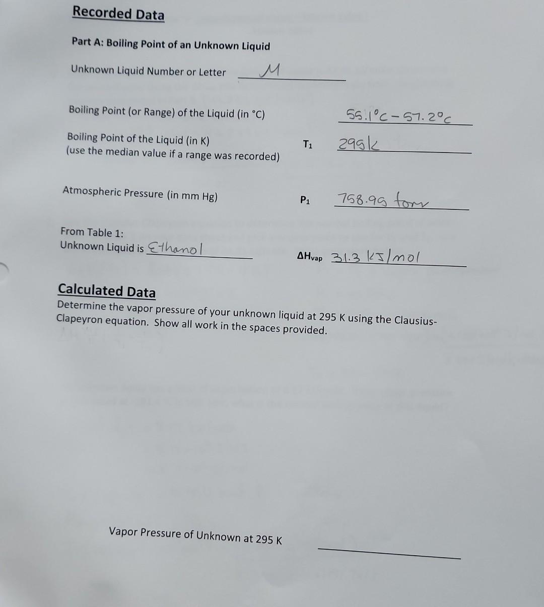 Solved Recorded Data Part A: Boiling Point of an Unknown | Chegg.com