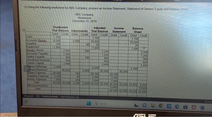 Solved 2) Using the following worksheet for ABC Company, | Chegg.com