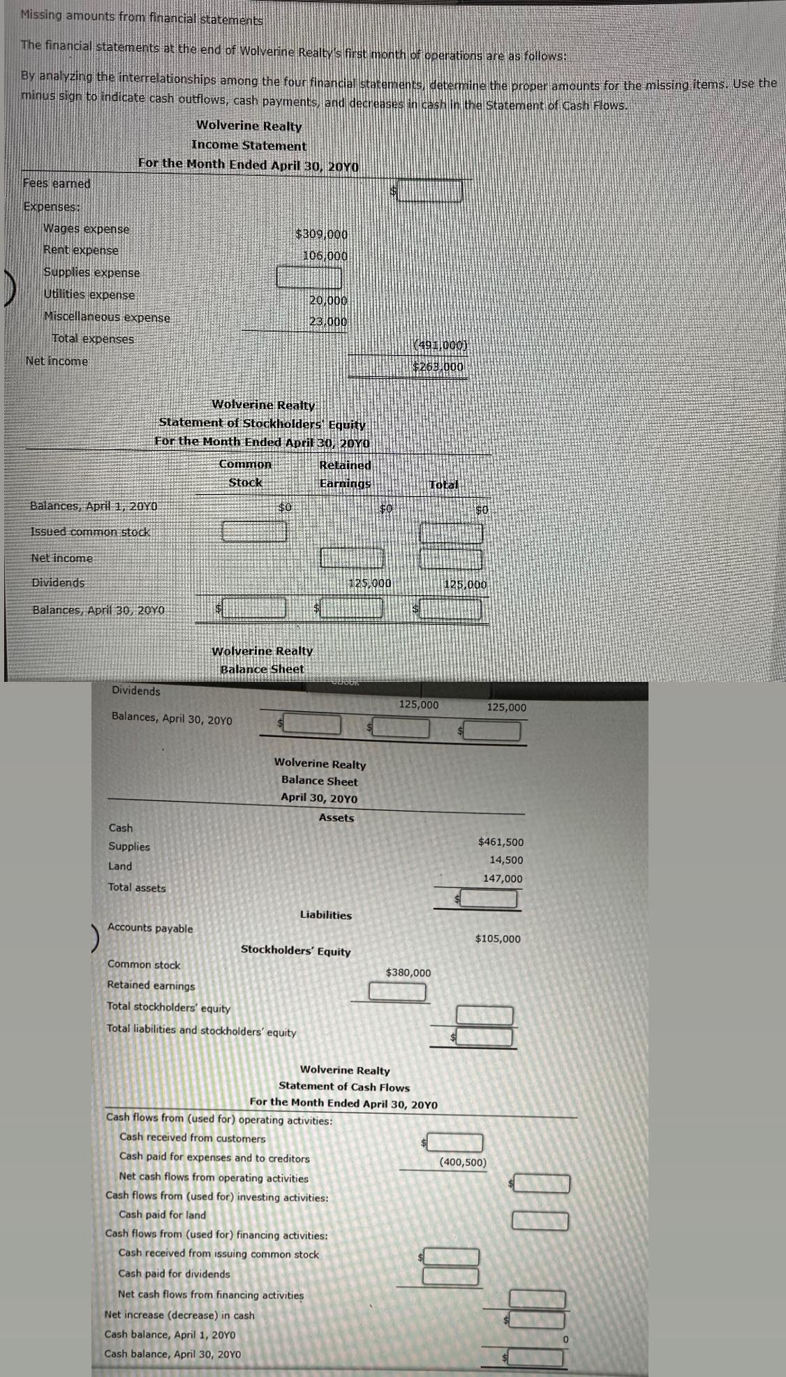 Solved Missing amounts from financial statementsThe | Chegg.com