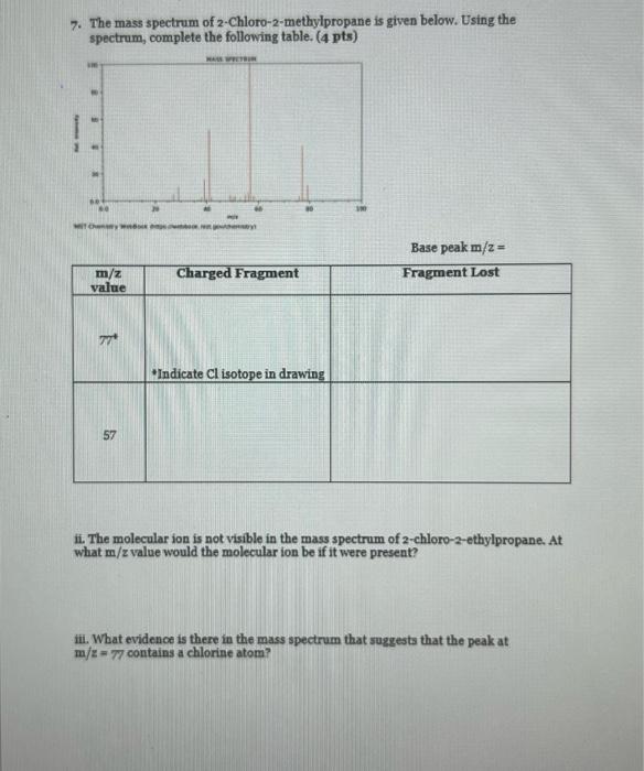 Solved 7. The mass spectrum of 2 -Chloro-2-methylpropane is | Chegg.com