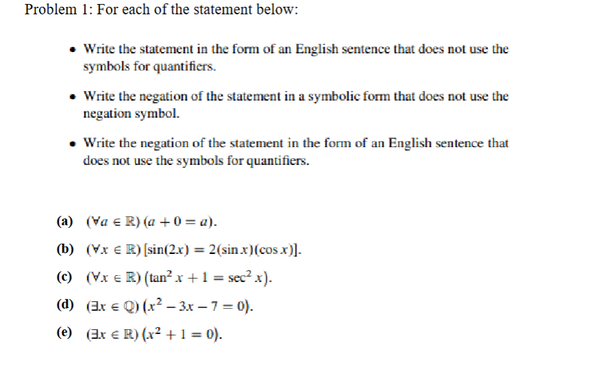 Solved Problem 1: For each of the statement below:Write the | Chegg.com
