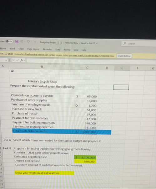 Solved SherOft19-C+Budgeting Propect (1) (1) - ﻿Protected | Chegg.com