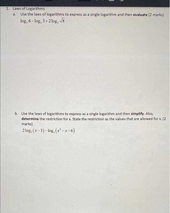 Solved 1. Laws of Logarithms a. Use the laws of logarithms | Chegg.com