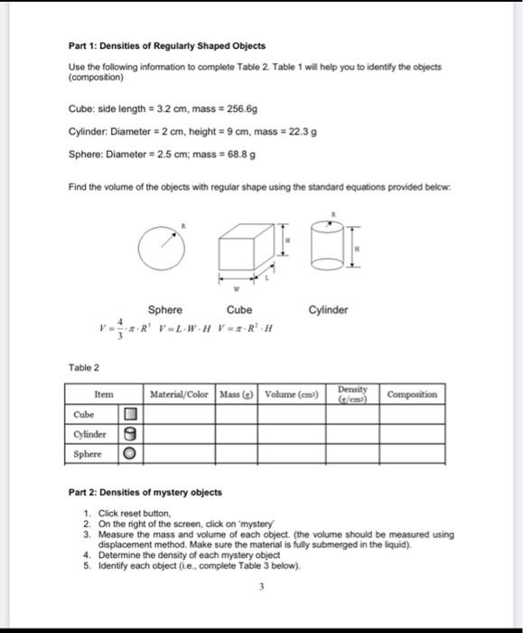 Part 1: Densities of Regularly Shaped Objects Use the | Chegg.com