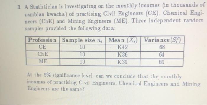 Solved 3. A Statistician is investigating on the monthly | Chegg.com