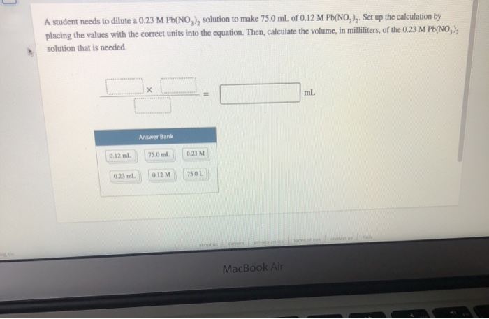 Solved A student needs to dilute a 0.23 M Pb(NO), solution | Chegg.com