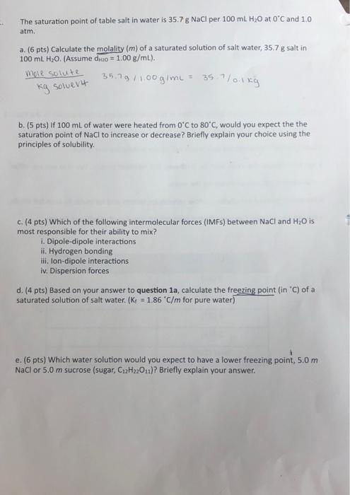 Solved The saturation point of table salt in water is 35.7 g | Chegg.com